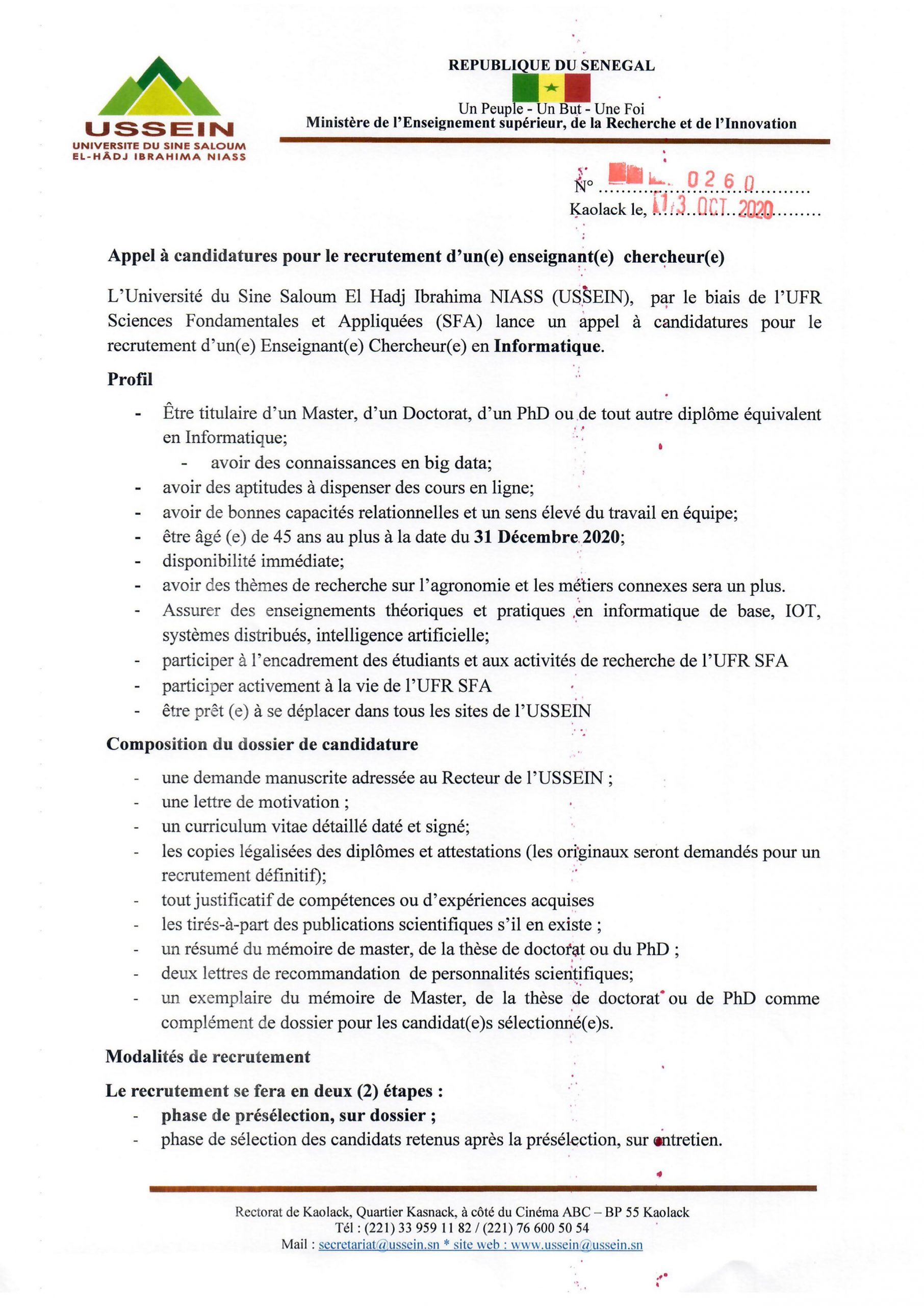 Recrutement d'un(e) enseignant(e) chercheur(e) en Informatique - Université du Sine Saloum El ...