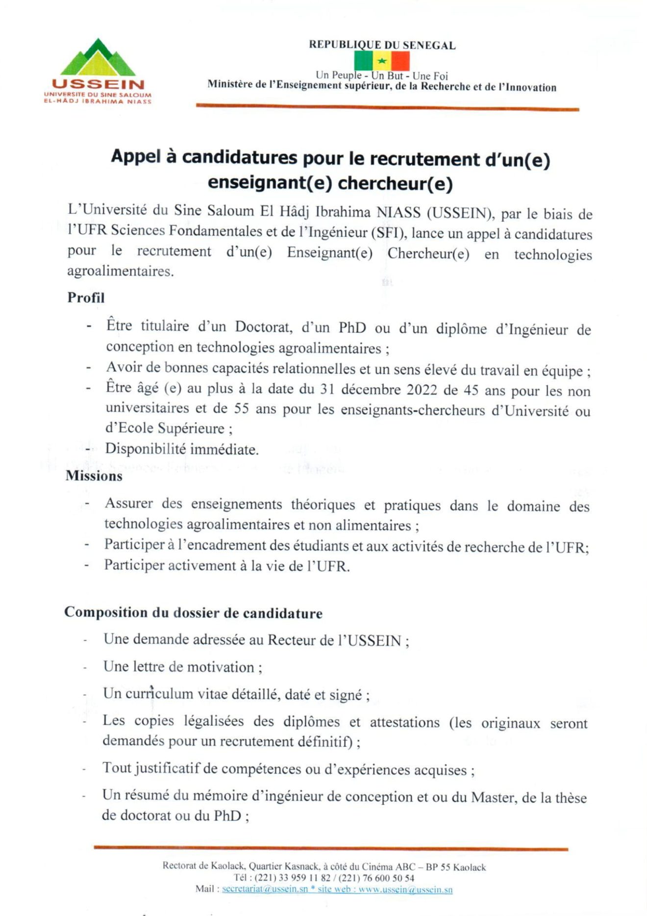 Appel à candidatures pour le recrutement d'un(e) enseignant (e) chercheur(e) en technologies ...