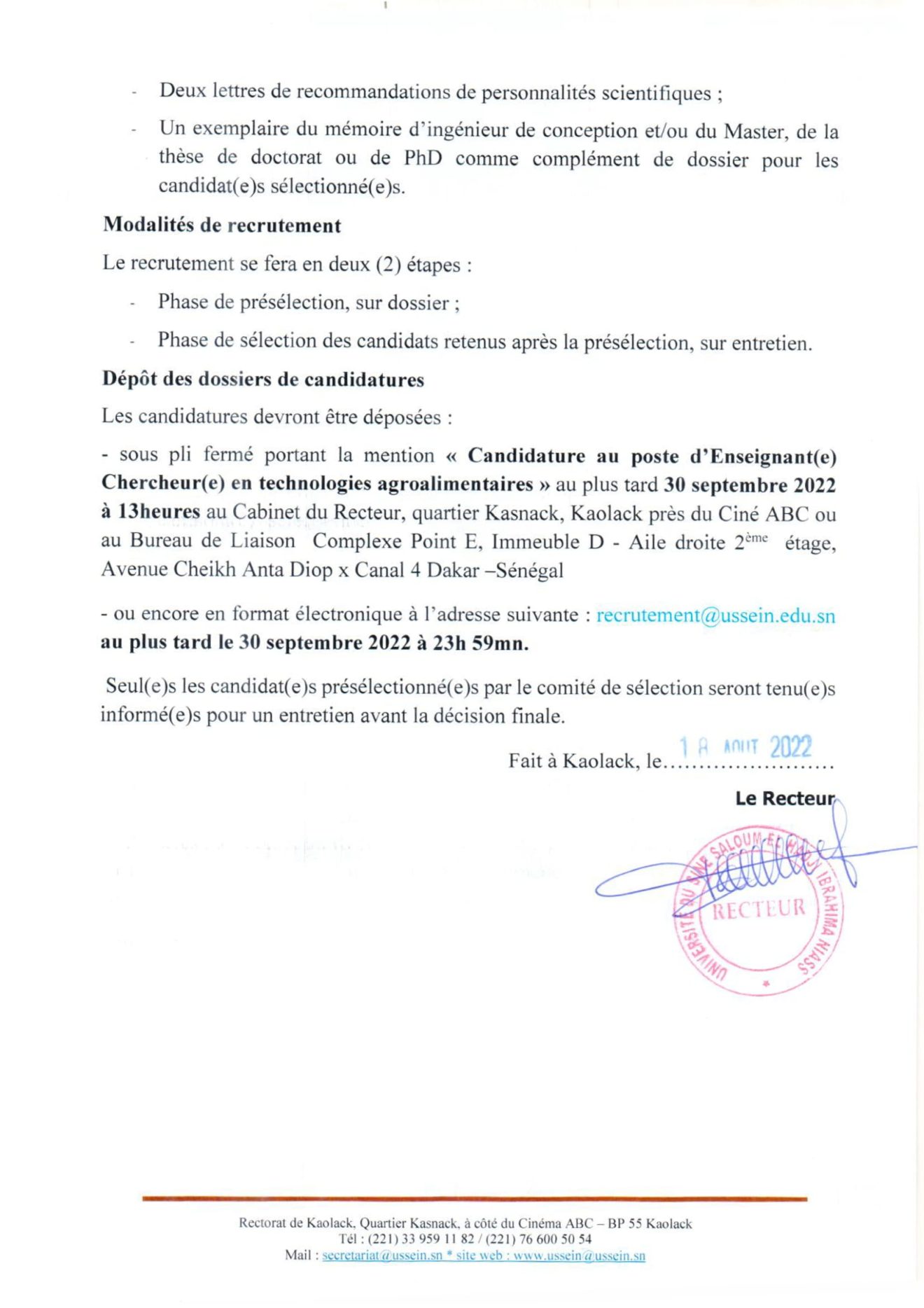 Appel à candidatures pour le recrutement d'un(e) enseignant (e) chercheur(e) en technologies ...