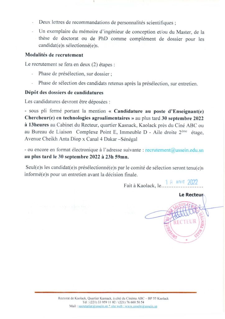 Appel à candidatures pour le recrutement d'un(e) enseignant (e) chercheur(e) en technologies ...