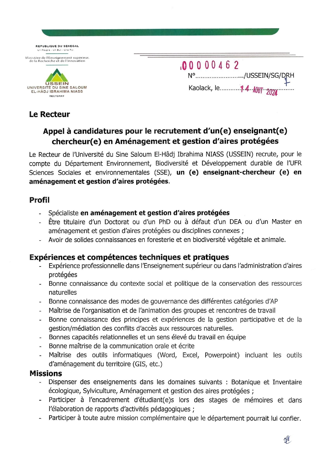 Appel à candidatures pour le recrutement d'un(e) enseignant(e) chercheur(e) en Aménagement et ...