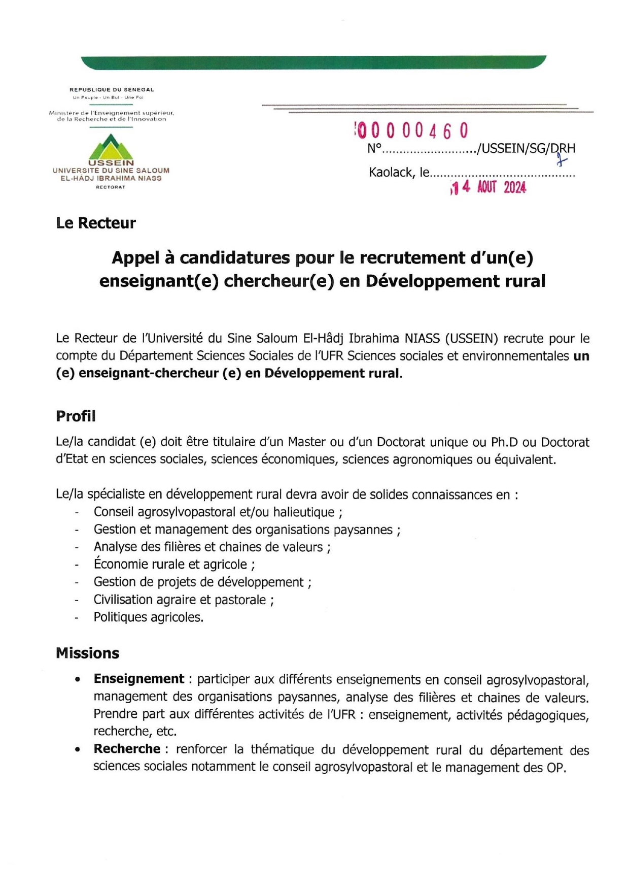 Appel à candidatures pour le recrutement d'un(e) enseignant(e) chercheur(e) en Développement ...