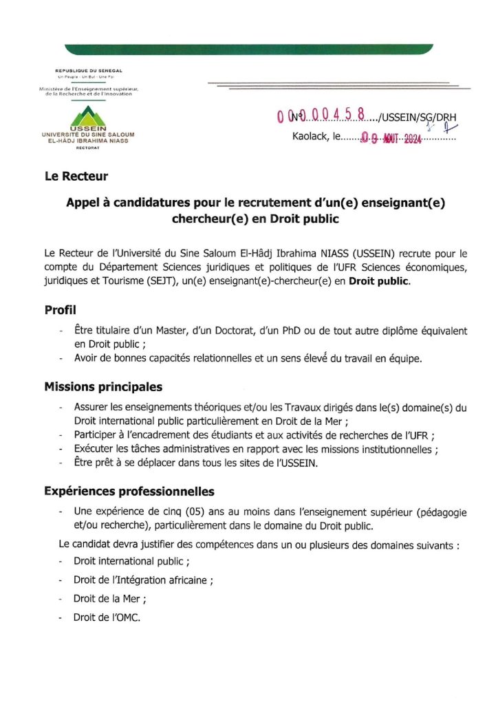 Appel à candidatures pour le recrutement d'un(e) enseignant(e) chercheur(e) en Droit public ...