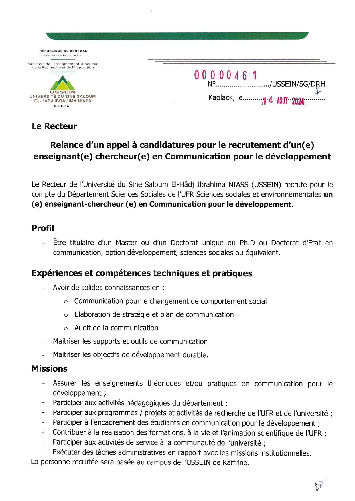 Relance d'un appel à candidatures pour le recrutement d'un(e) enseignant(e) chercheur(e) en ...