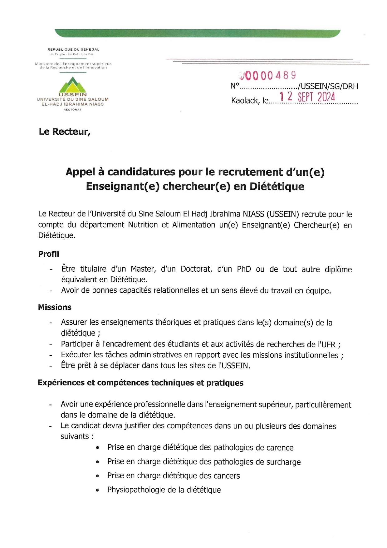 Appel à candidatures pour le recrutement d'un(e) Enseignant(e) chercheur(e) en Diététique ...