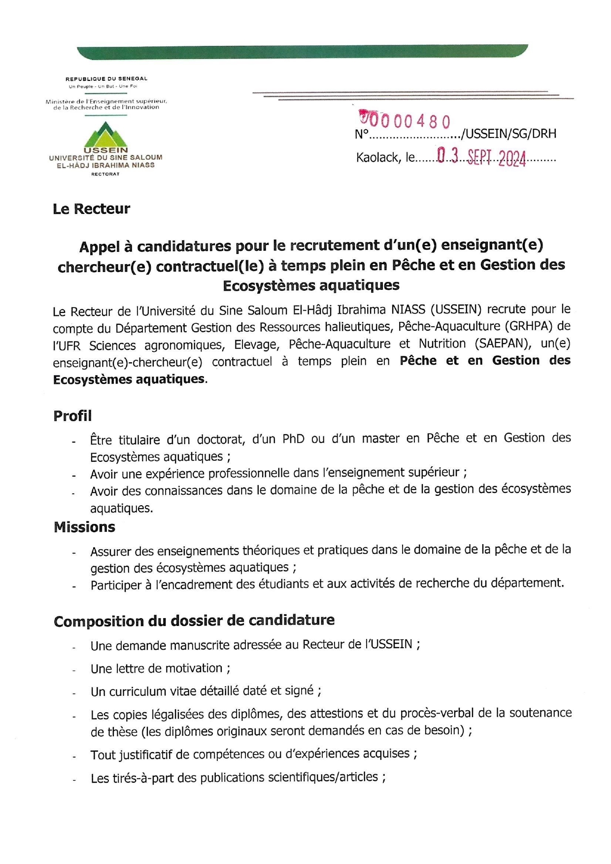 Appel à candidatures pour le recrutement d'un(e) enseignant(e) chercheur(e) contractuel(le) à ...