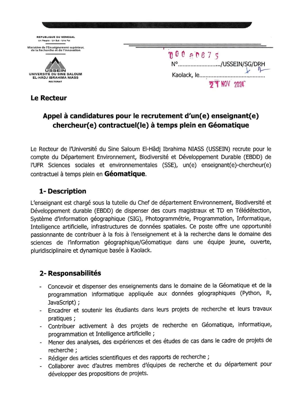 Appel à candidatures pour le recrutement d’un(e) Enseignant(e) chercheur(e) contractuel (le) à ...