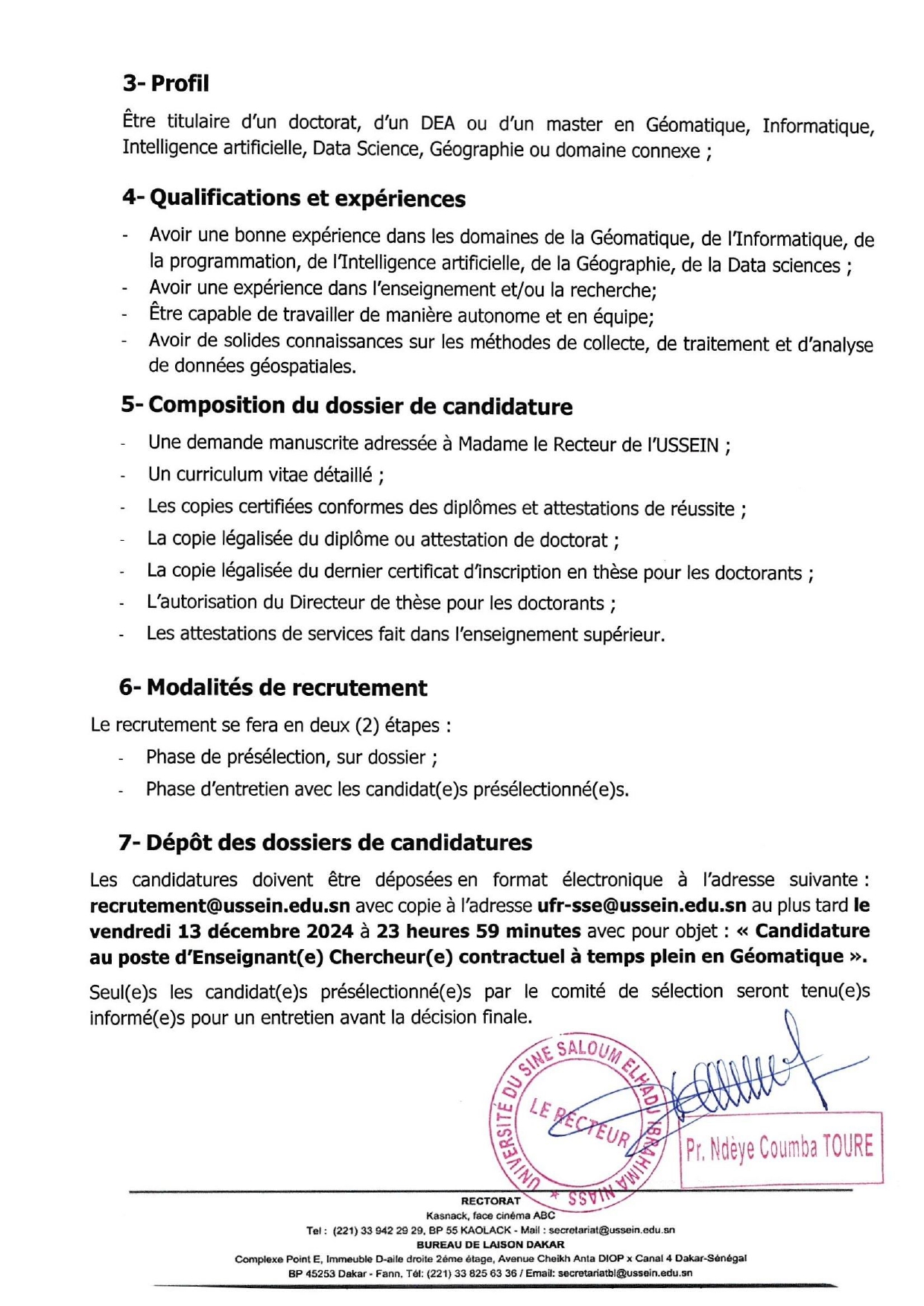 Appel à candidatures pour le recrutement d’un(e) Enseignant(e) chercheur(e) contractuel (le) à ...